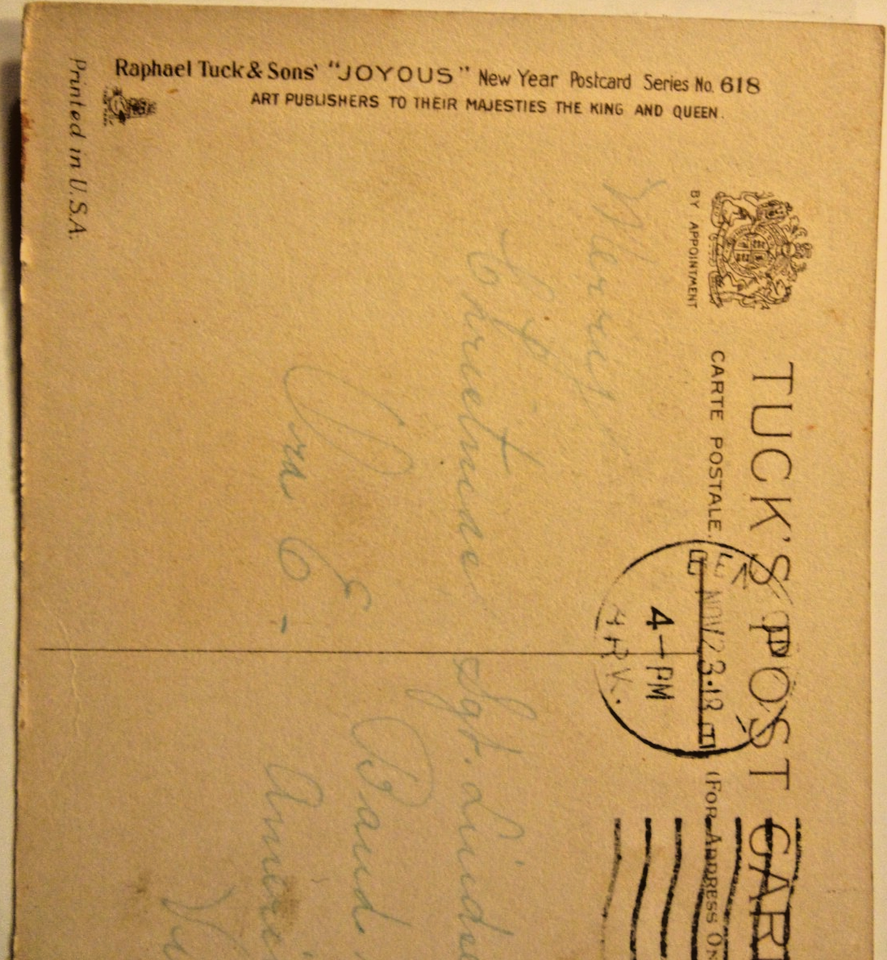 1918 TUCK'S POST CARD, from Bentonville, ARK. "...New Year Wishes..." 5 ...