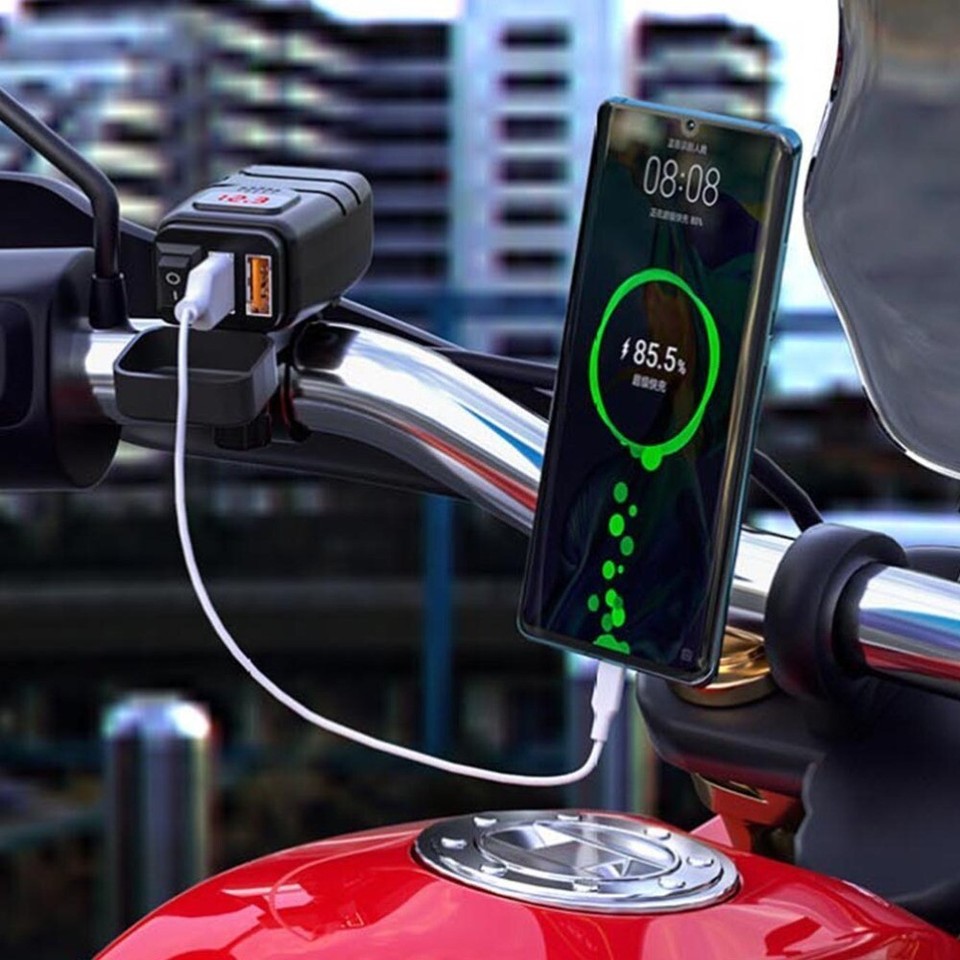 Dual USB Port Motorcycle Fast Charger Socket LED Voltmeter Display ON ...