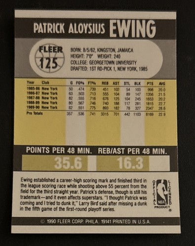 1990-91 Fleer Patrick Ewing Basketball Card #125 Knicks Center VG O/C ...