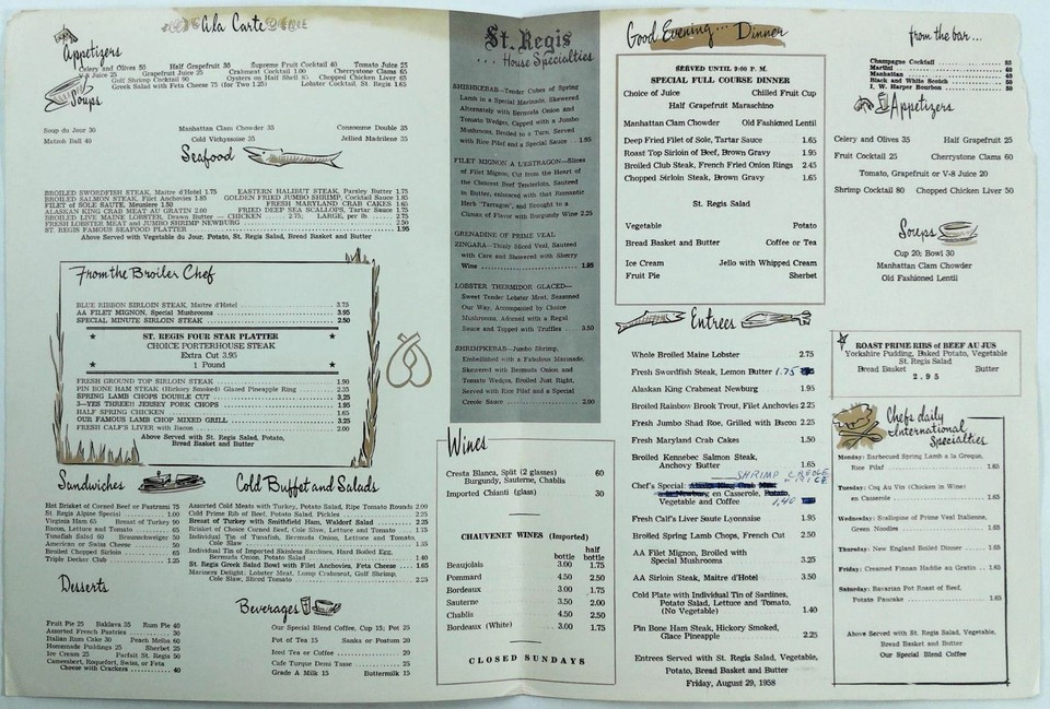 1958 Vintage Original Dinner Menu ST. REGIS HOTEL Restaurant Washington ...