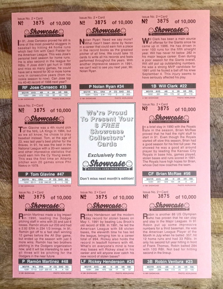 1991 Showcase Baseball Card Price Guide Issue #2 Uncut 9 Card Panel ...