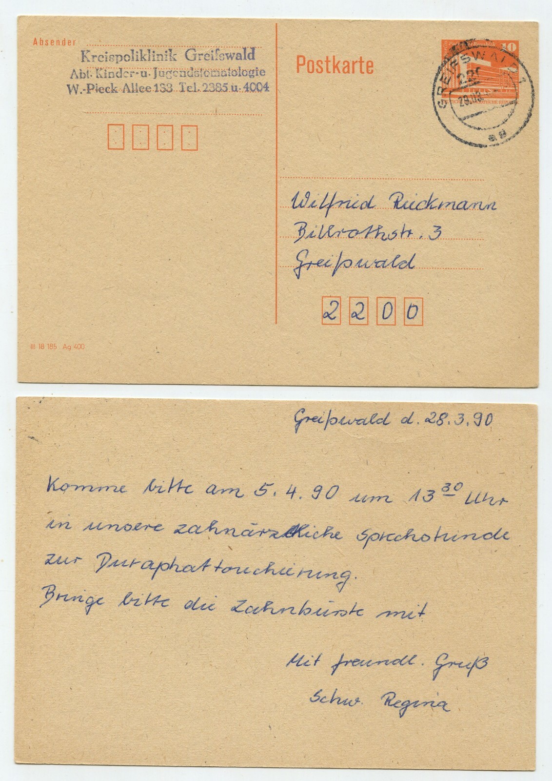 83952 - Ganzsache P 86 II - ZuF - Postkarte - Greifswald 28.3.1990 | eBay