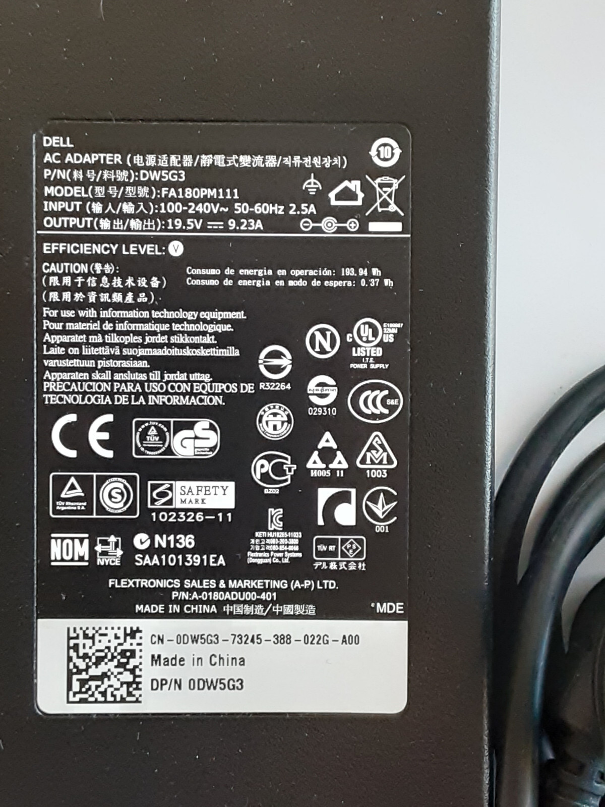 Genuine Original Dell 180w AC Power Adapter La180pm180 047RW6 for sale ...