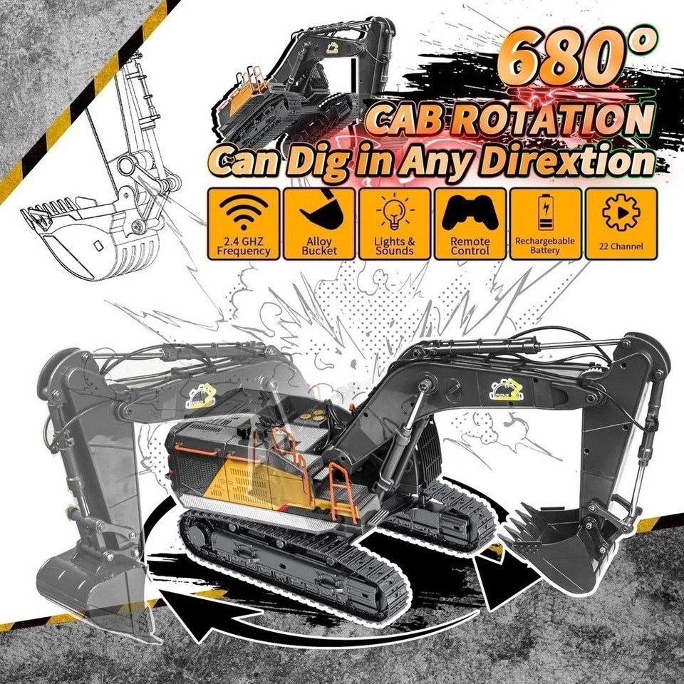 22 Channel Remote Control Excavator, 1/14 Scale RC Excavator Metal ...