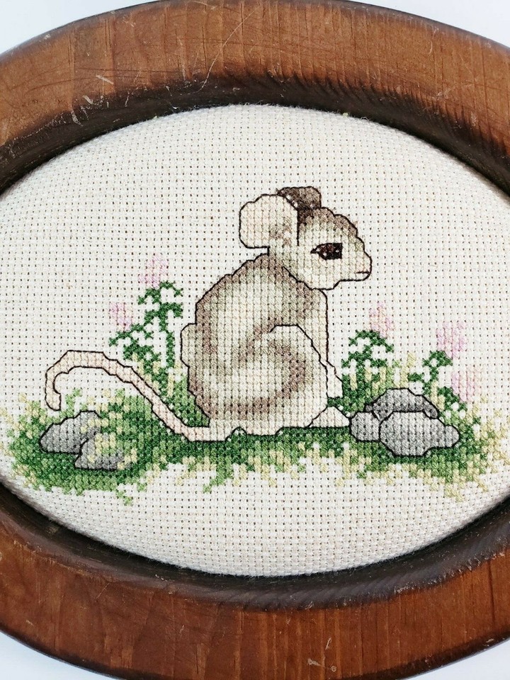 Vtg Cross Stitch of Mice Set of 2 Wood Frames Animal Rustic Farmhouse ...