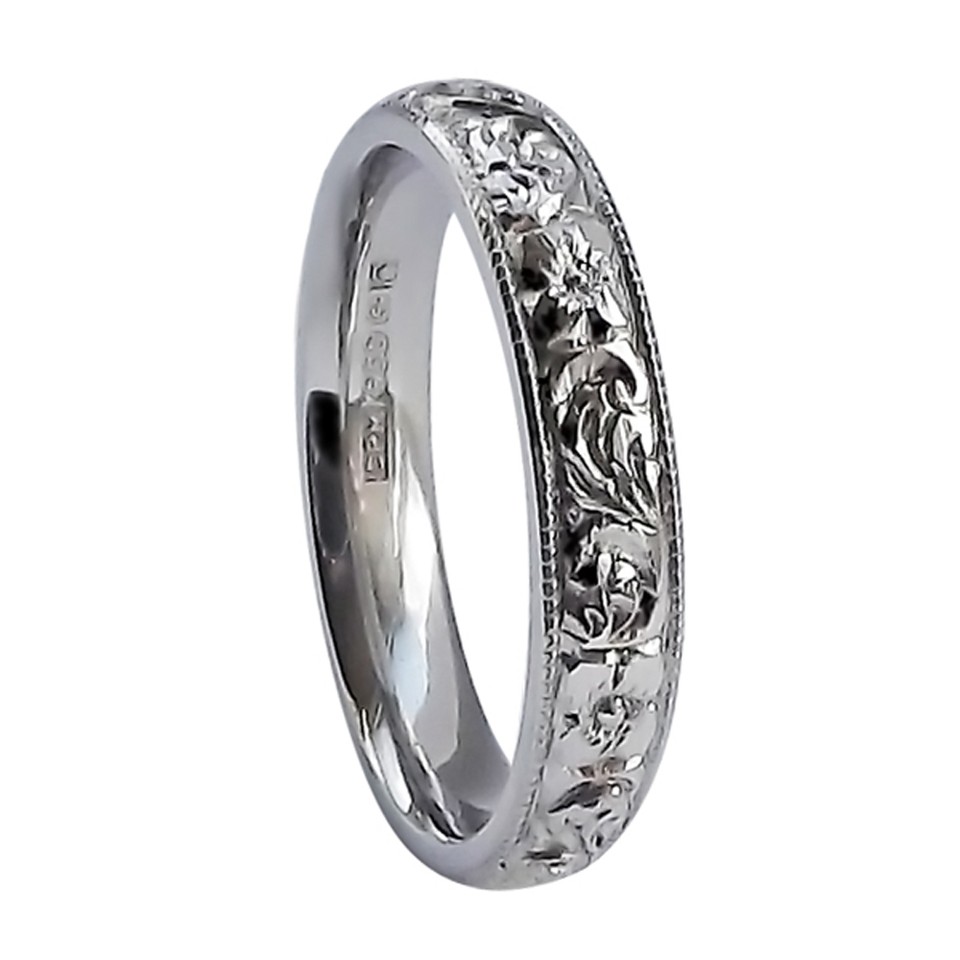 4mm Bespoke Hand Engraved Sterling Silver Court Comfort Wedding Rings ...