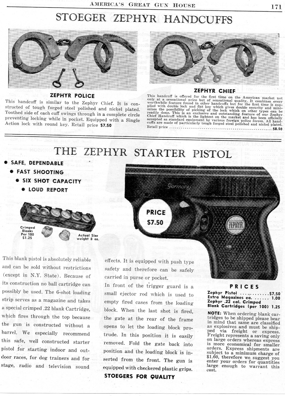 1954 Print Ad of Zephyr Starter Pistol, Police & Chief Handcuffs | eBay