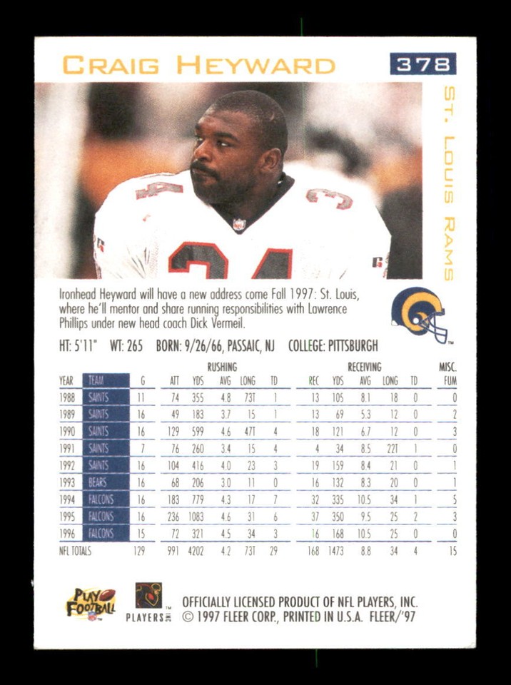 1997 Football Fleer Craig Heyward St. Louis Rams #378 | eBay