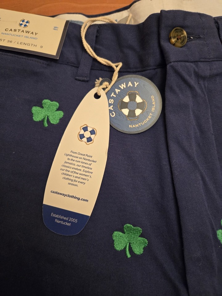 Castaway Nantucket Island Men’s Blue Shorts Embroidered Shamrocks ...