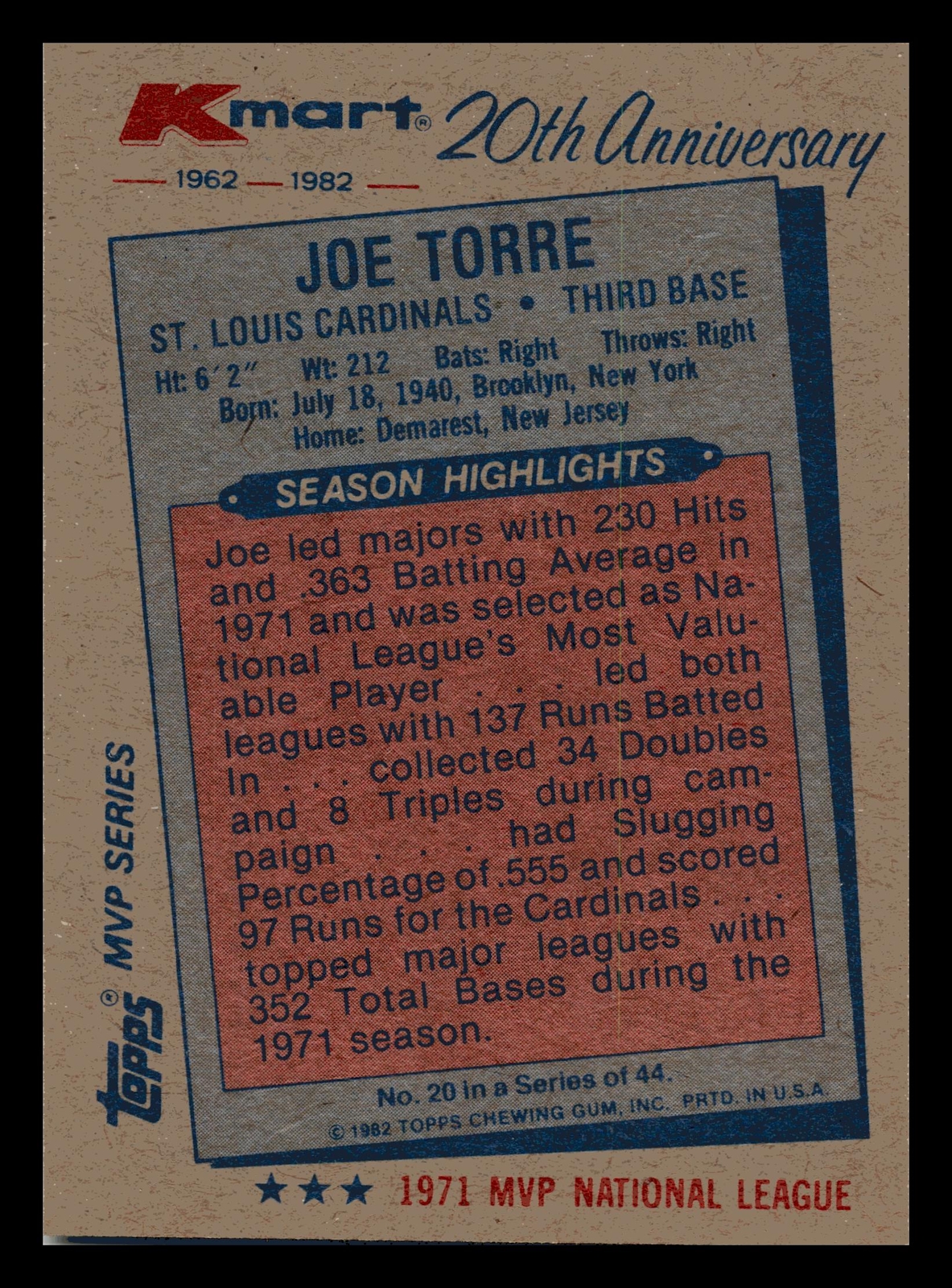 1982 Topps Kmart 20th Anniversary Joe Torre HOF #20 NM-MINT | eBay