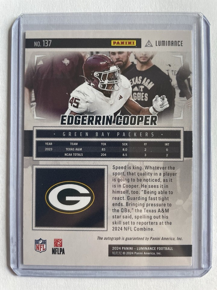 EDGERRIN COOPER Rookie Autograph Packers 2024 Panini Luminance AUTO #'d ...