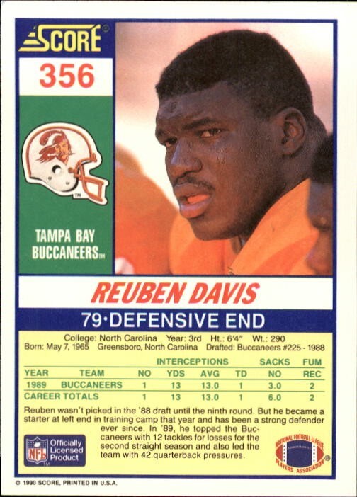 1990 SCORE NFL FOOTBALL Trading Card #356 - REUBEN DAVIS, Tampa Bay ...