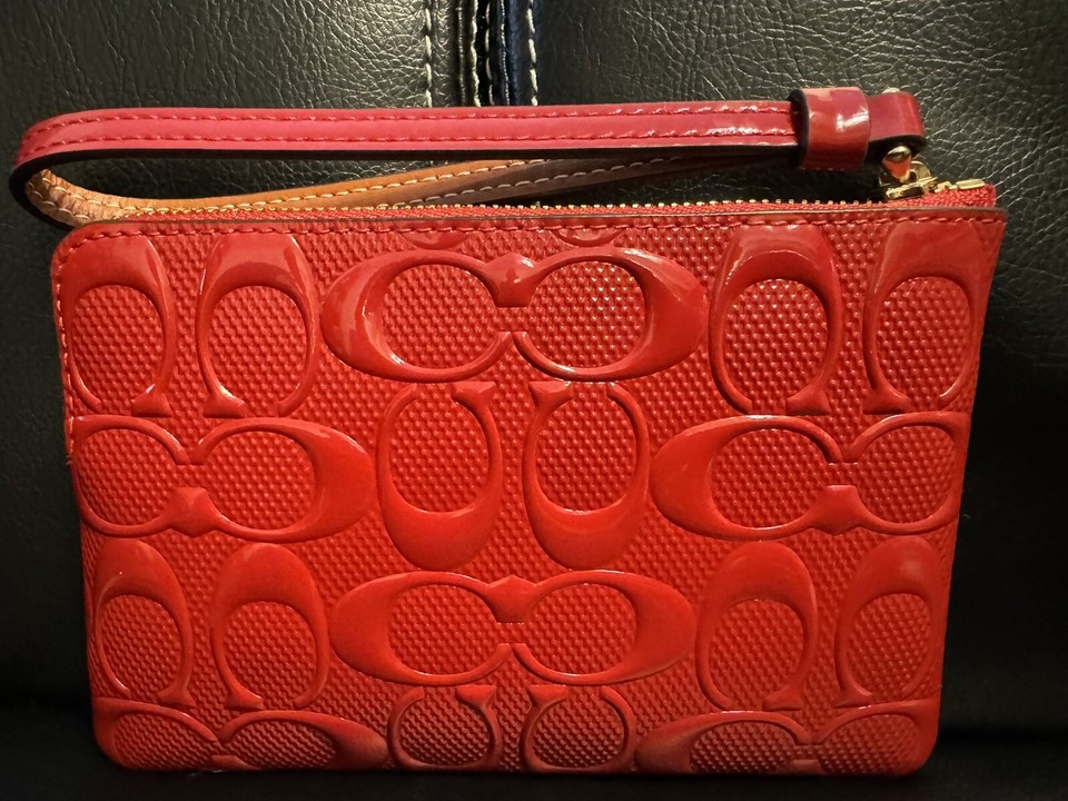 COACH Corner Zip Wristlet, Sig Patent Leather, Embossed, SHINY Gold/RED ...