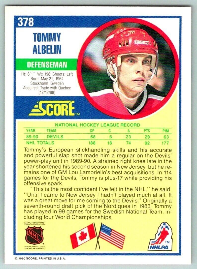 1990-91 SCORE NHL HOCKEY Trading Card #378 - Tommy Albelin, New Jersey ...