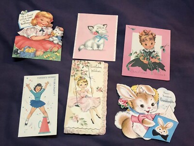 VTG Lot Paper Party Birthday Greeting Bifold Cards Little Girl Kitten ...