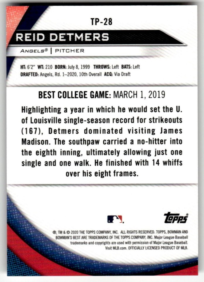 2020 Bowman's Best Reid Detmers Top Prospects Blue Refractor #/150 #TP ...