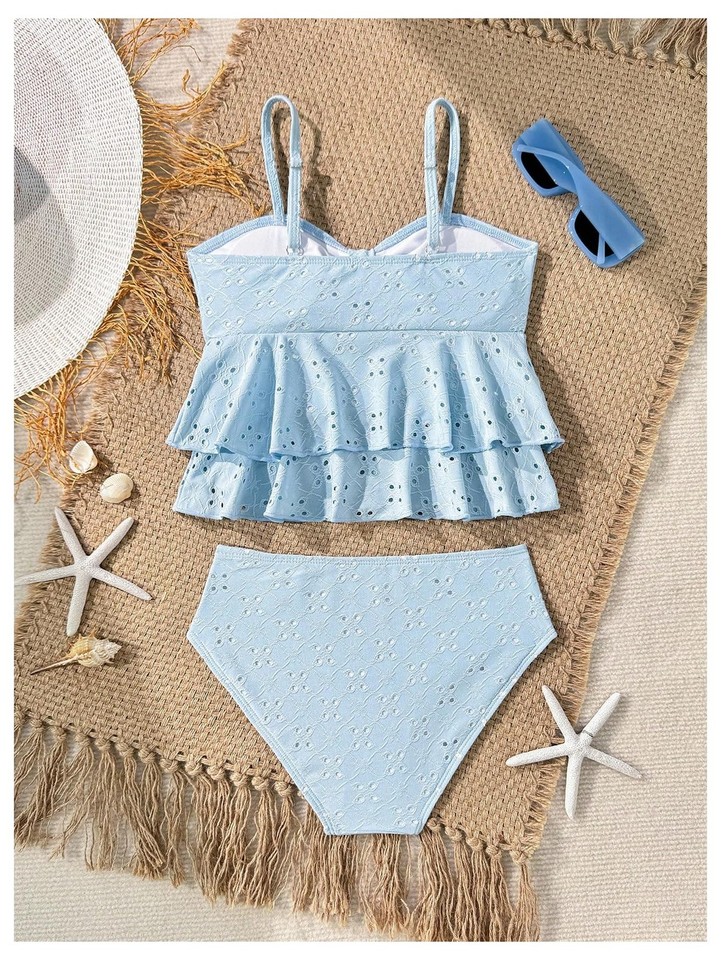 Girls 2 Piece Tankini Swimsuit Ruffle Flounce Bathing Suit Eyelet ...