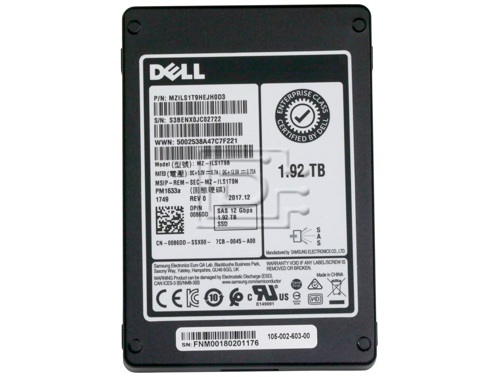 Dell 1.92TB SAS 086DD Samsung MZILS1T9HEJH0D3 2.5 12Gbps SSD Solid ...