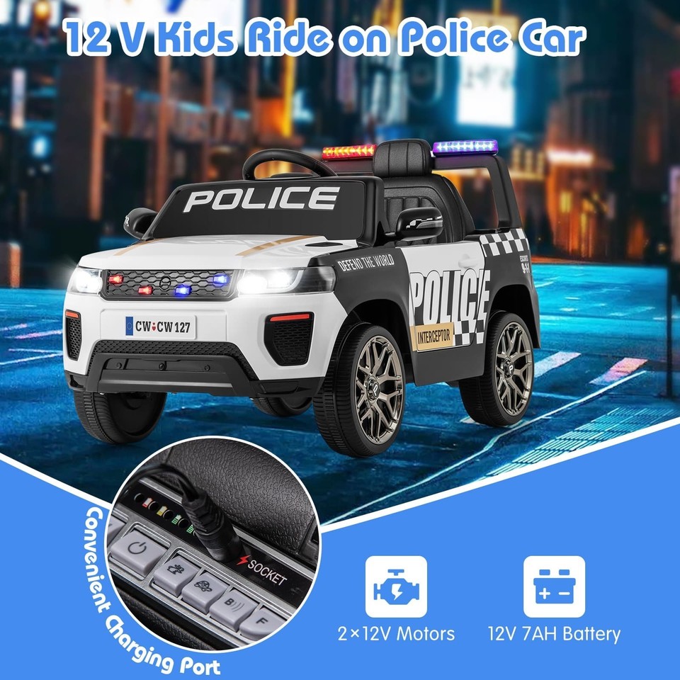 Kids Ride on Police Car 12V 7A Battery Powered Cop Car w/ Remote ...