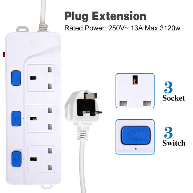 2/5M 3 Gang Way UK Mains Plug Power Extension Lead Cables Electric ...