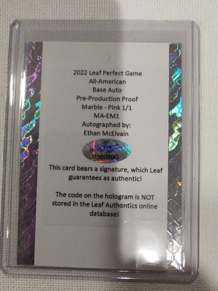2022 Leaf Perfect Game - Pink Marble - #MA-EM1 Ethan McElvain 1/1 (AU ...