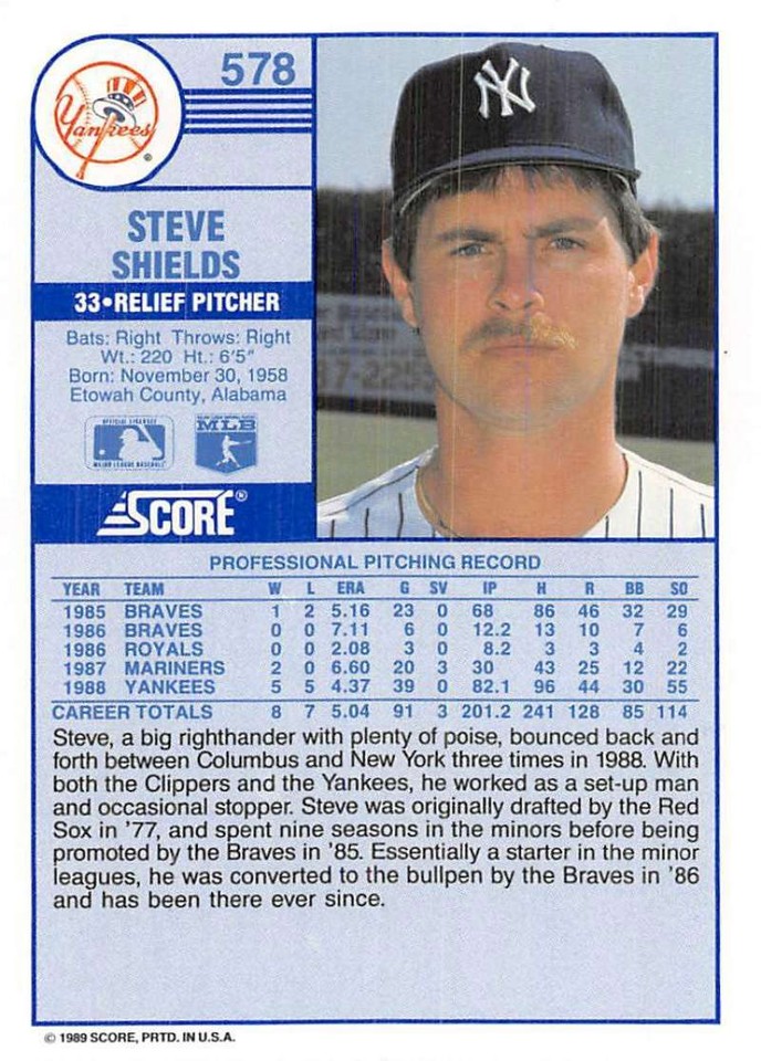 1989 Score #578 Steve Shields NM-MT Yankees | eBay