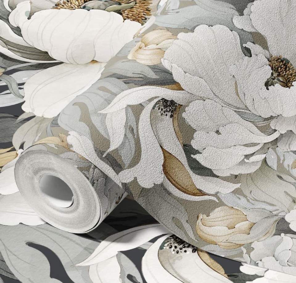 White Poppies Floral Modern Grey Peonies Flowers Peel and Stick ...