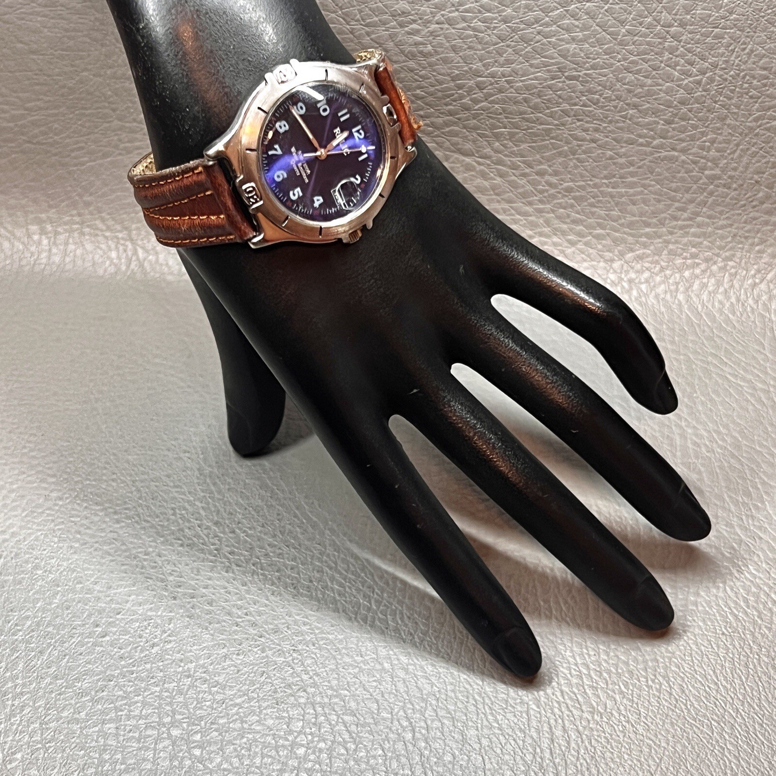 Vintage Relic Watch Men Silver Tone Blue Dial Brown Leather Date ZR ...