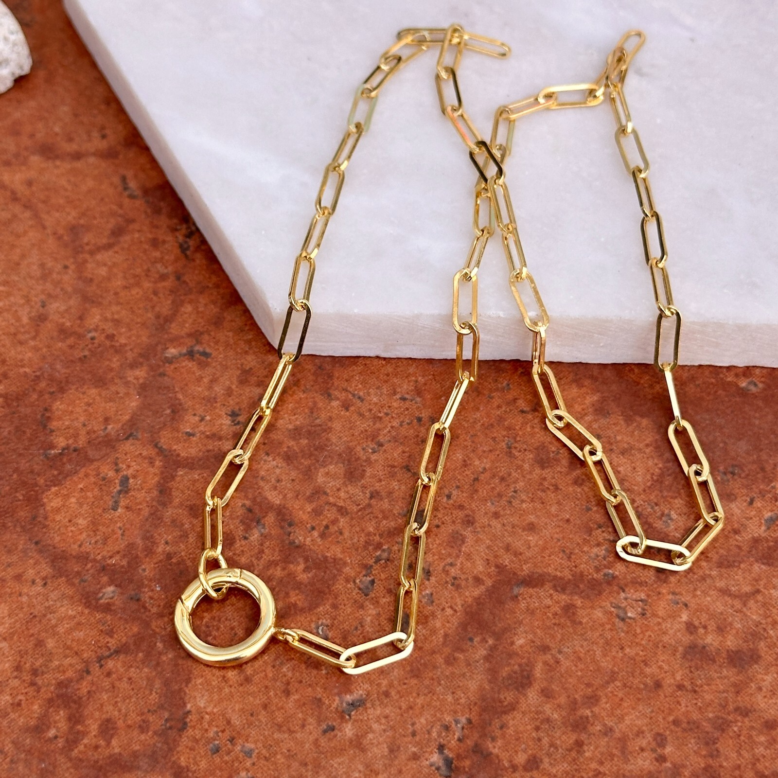 14K Yellow Gold Center Round Clasp Charm Holder Paper Clip Necklace 18 ...