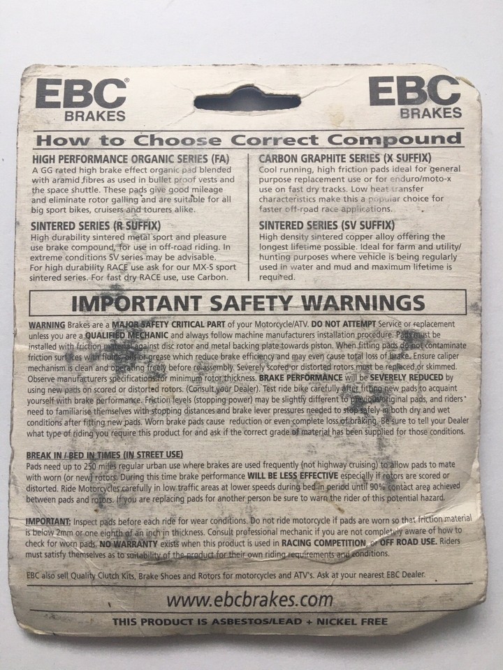 EBC FA179 Motorcycle Standard Organic Front Brake Pads Yamaha V-Star ...