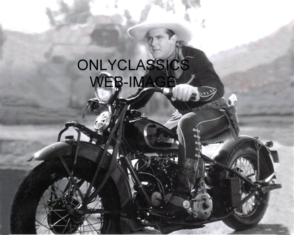 COWBOY RIDES VINTAGE INDIAN V-TWIN MOTORCYCLE 8X10 PHOTO WESTERN GUN ...