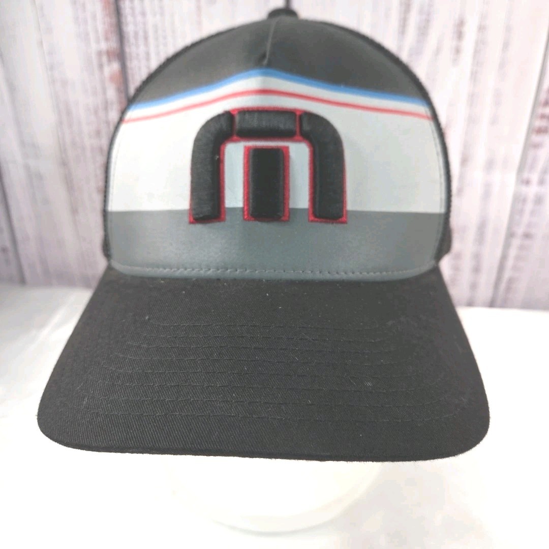 Travis Mathew Golf Black Logo Striped Hat Cap Flex-fit Size L-XL Mesh ...
