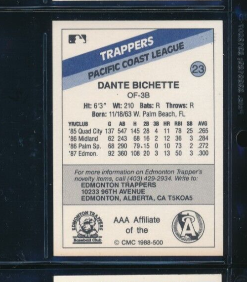 1988 CMC #23 Dante Bichette XRC Edmonton Trappers Signed Autograph ...