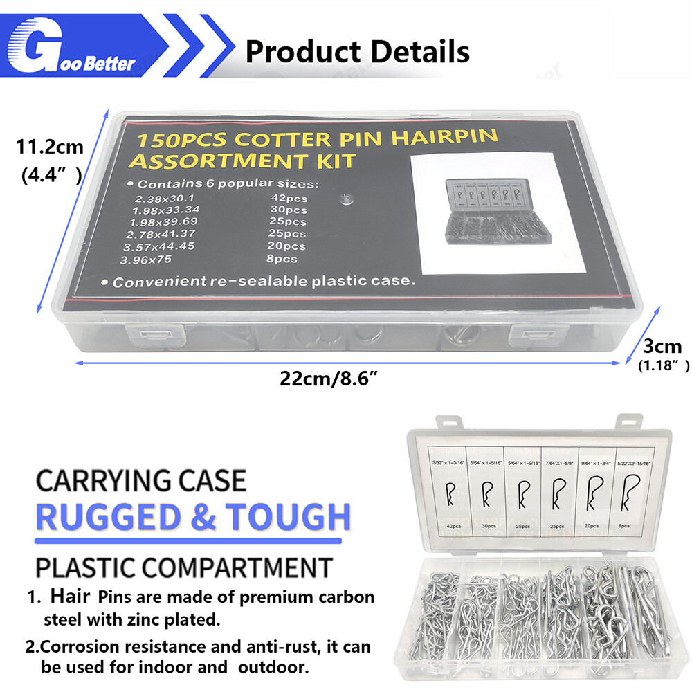 150Pcs R Cotter Pins Assortment Kit Hitch Pin Clip Locking R Hairpin ...
