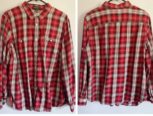 LRL Lauren Jeans Co. Red Plaid Shirt Women's L Long Roll Tab Sleeves ...