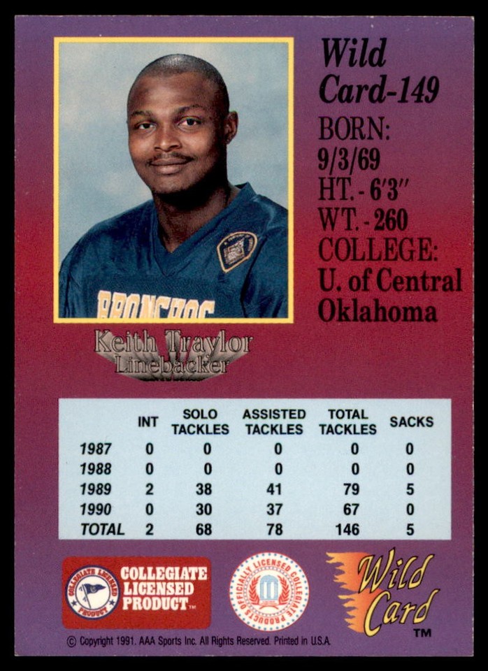1991 Wild Card Draft #149 Keith Traylor Central Oklahoma Bronchos | eBay