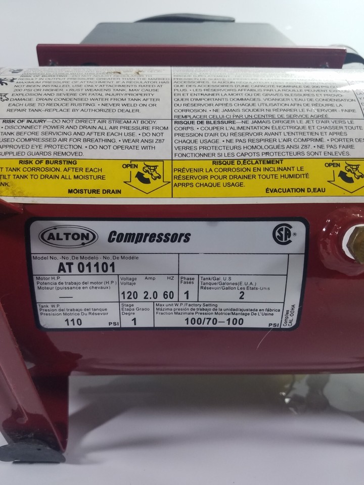 Alton 2 Gallon 1/3HP 100 PSI Portable Hot Dog Air Compressor AT01101 ...