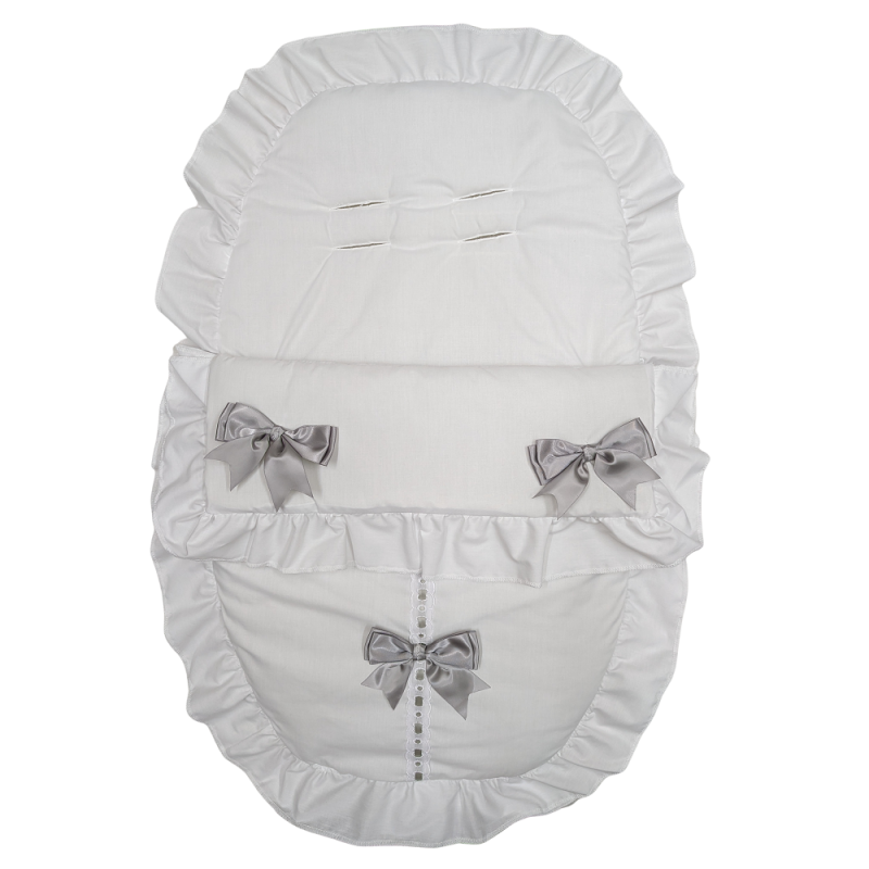 Car Seat Footmuff Cosy Toes Frilly Lace White with Grey Satin Bows ...