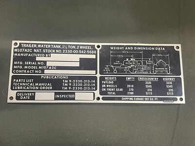 M35A1 M806 M939 Army Truck HMMWV M107A2C Water Trailer Trailer Data ...