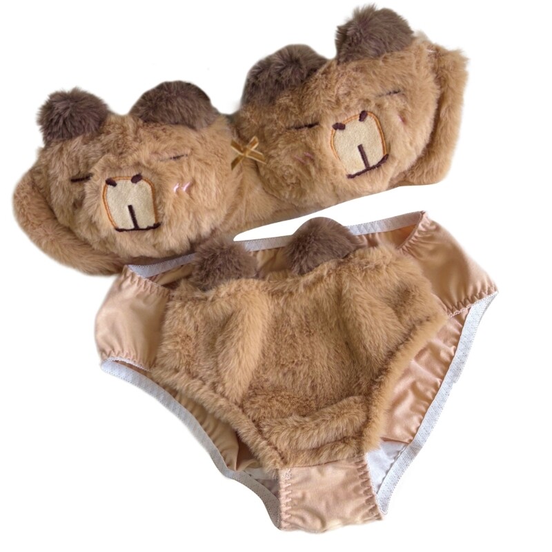 Women Furry Bra and Panty Set Japanese Cartoon Capybara Plush Lingerie ...