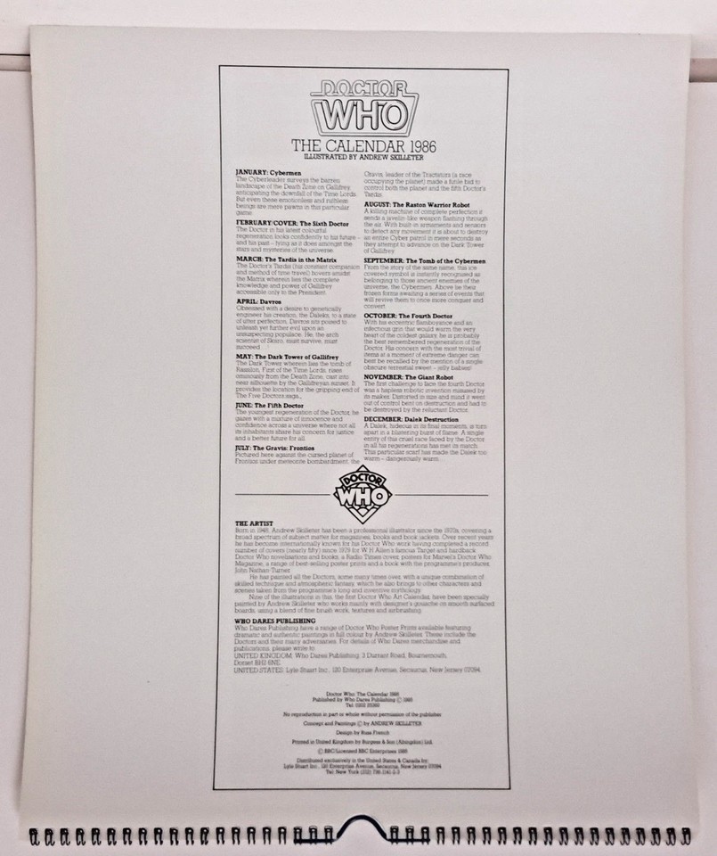 2025=1986 Doctor Who Calendar - Illustrated by Andrew Skilleter - 11" x ...