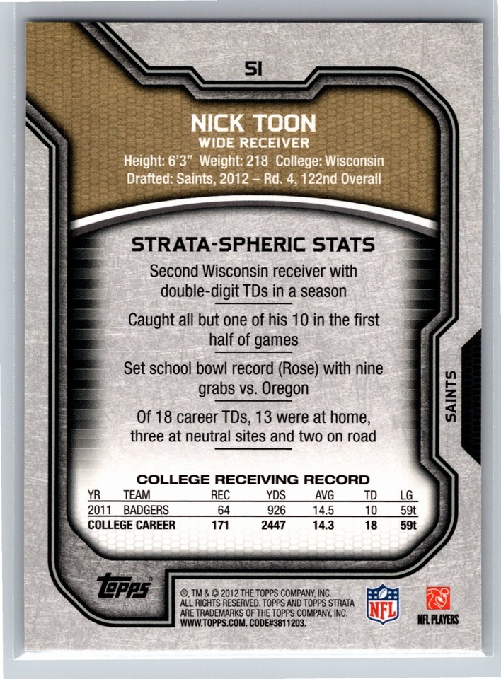 2012 Topps Strata Football Nick Toon New Orleans Saints Rookie RC #51 ...