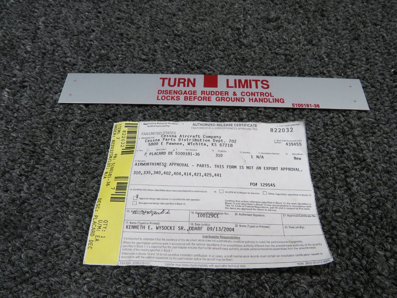 5100181-36 Cessna 300-400 Series Turn Limits Placard (New Old Stock) | eBay
