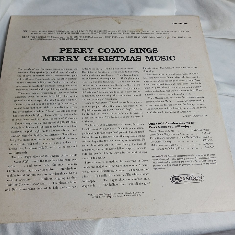PERRY COMO SINGS MERRY CHRISTMAS MUSIC LP | eBay
