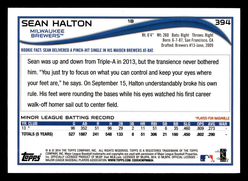 Sean Halton 2014 Topps #394 Milwaukee Brewers BUY3GET1FREE | eBay