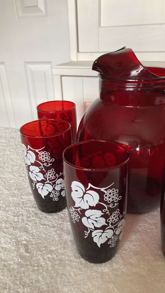 Vintage red glass water pitcher plus 5 red water glasses that hold 8 ...
