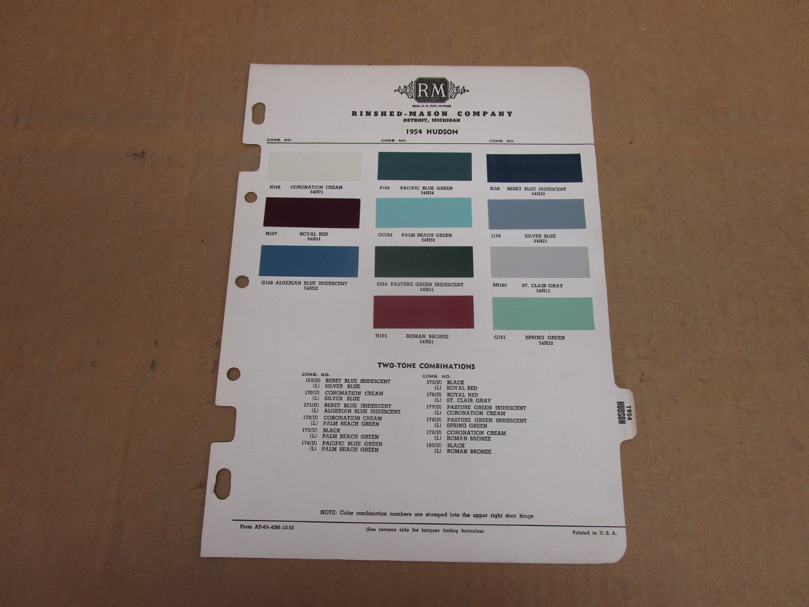 1954 Hudson car exterior paint color chip chart sheet sample | eBay