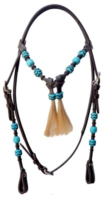 Round Leather Western Headstall Bridle Turquoise Raw Hide Braided ...