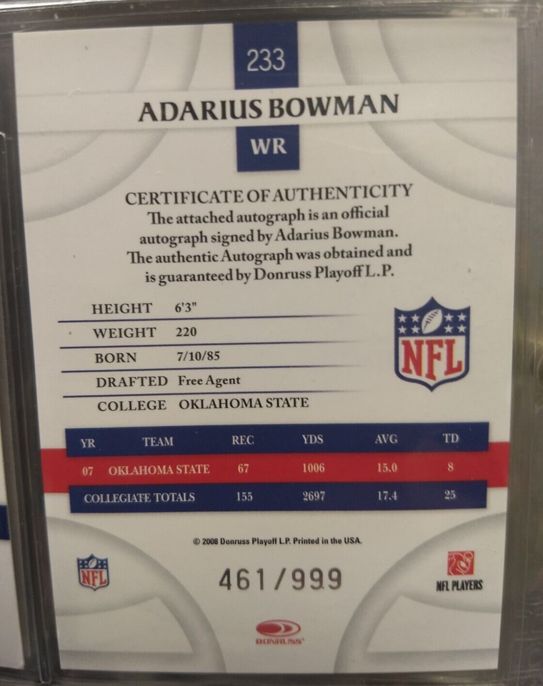 2008 Donruss Threads Adarius Bowman (#233) autographed rookie card /999 ...