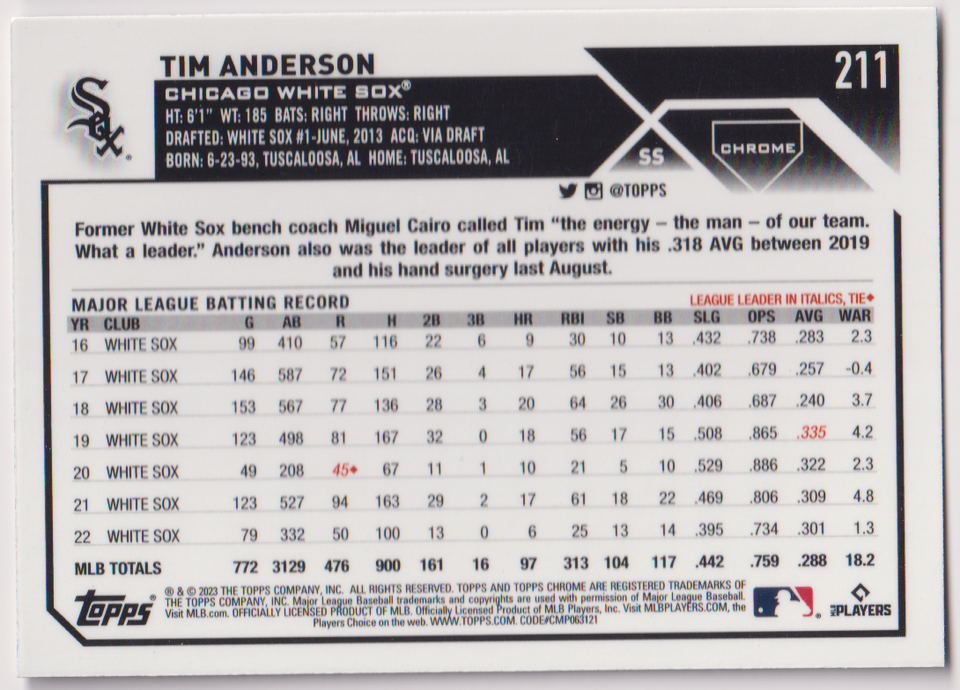 2023 Topps Chrome #211 Tim Anderson Chicago White Sox | eBay